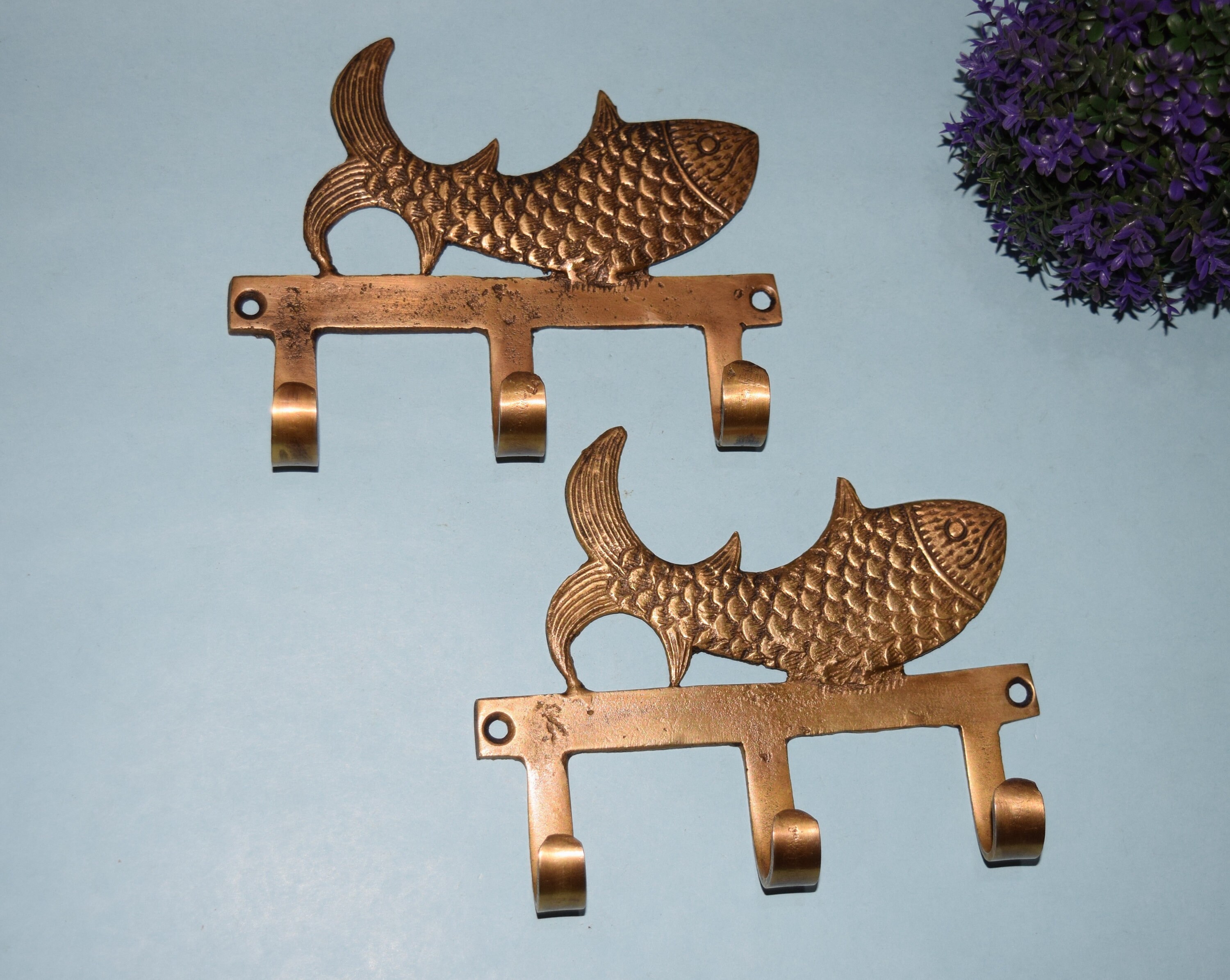 Pair of Wall Hooks Brass Fish Design Triple Hook Majestic | Etsy