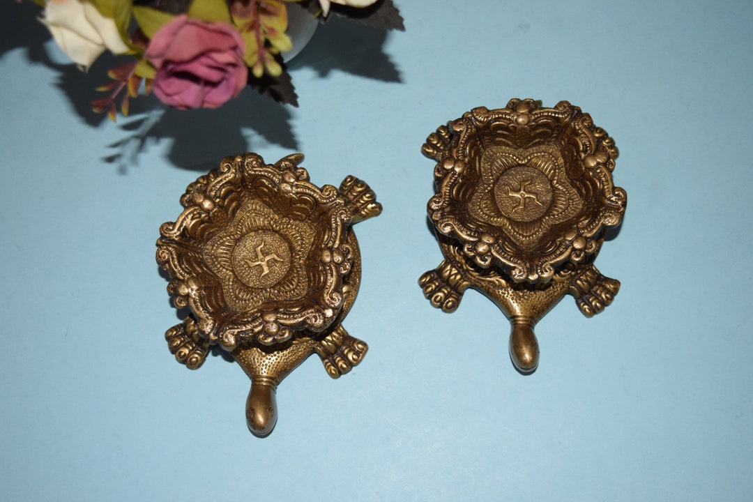 Brass Turtle Base Oil Lamp | Floral Art Shubh Labh Engraved Design ...