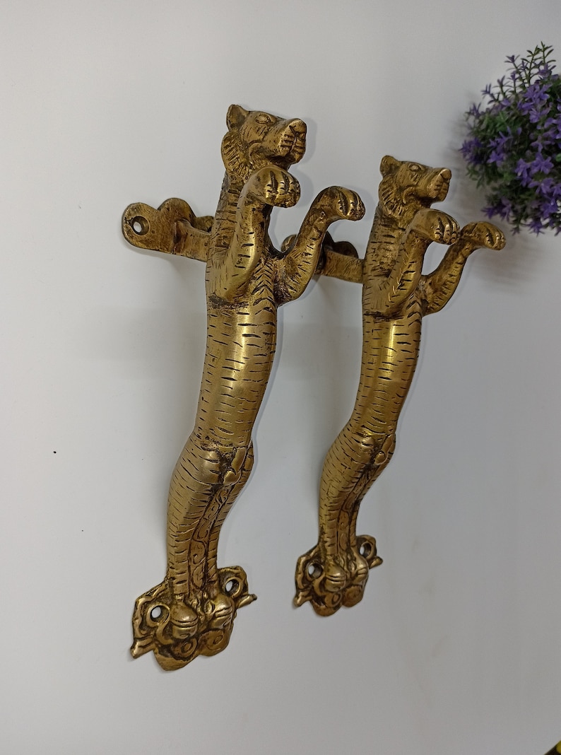 Leaping Tiger Design Entry Door Handle Pair | Brass Jumping Panther ...