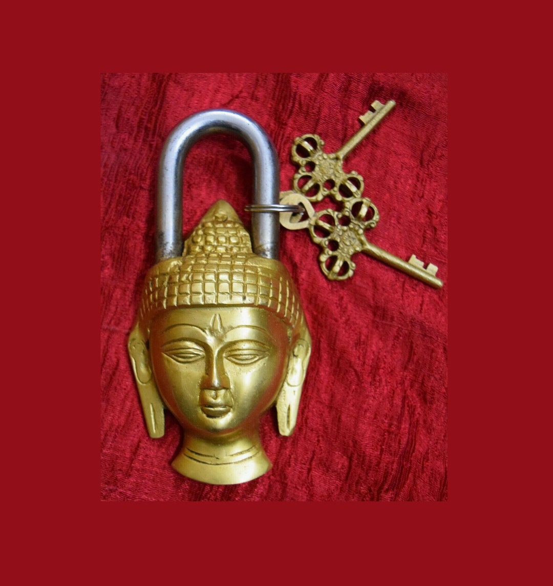 Brass Finish Buddha Lock With Keys | Antique Style Lord Face Padlock ...