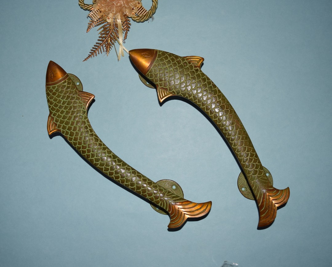 Brass Tuna Long Tail Fish Door Handle Pair | Brass Nautical Theme Door ...