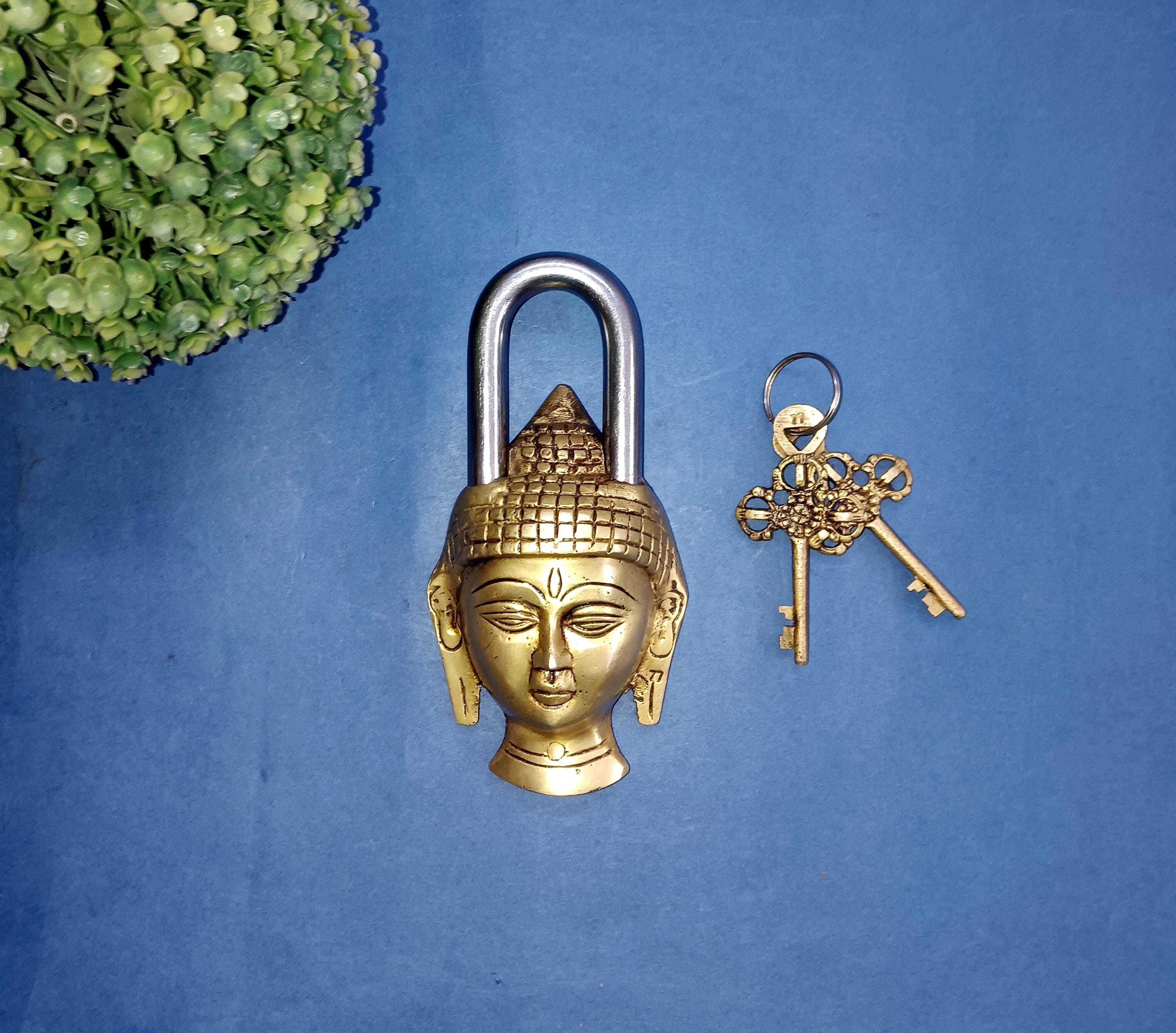 Brass Finish Buddha Lock With Keys | Antique Style Lord Face Padlock ...