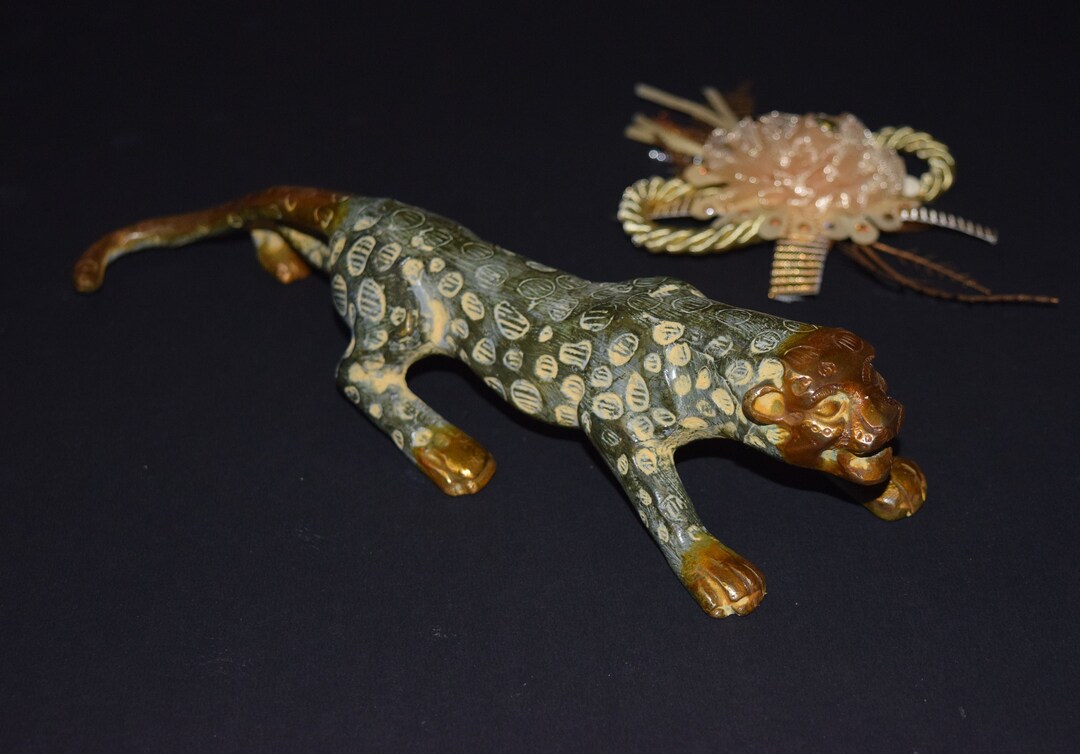 Brass Leopard Sculpture Wild Ferocious Animal | Green Copper Jaguar ...