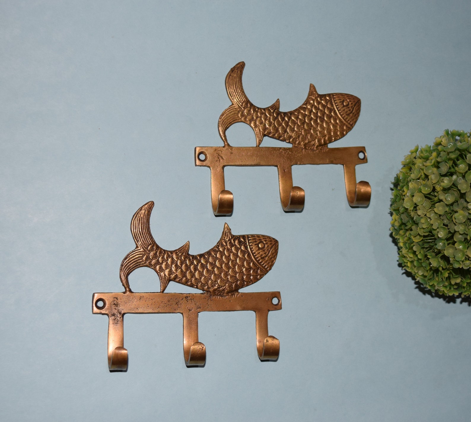 Pair of Wall Hooks Brass Fish Design Triple Hook Majestic | Etsy