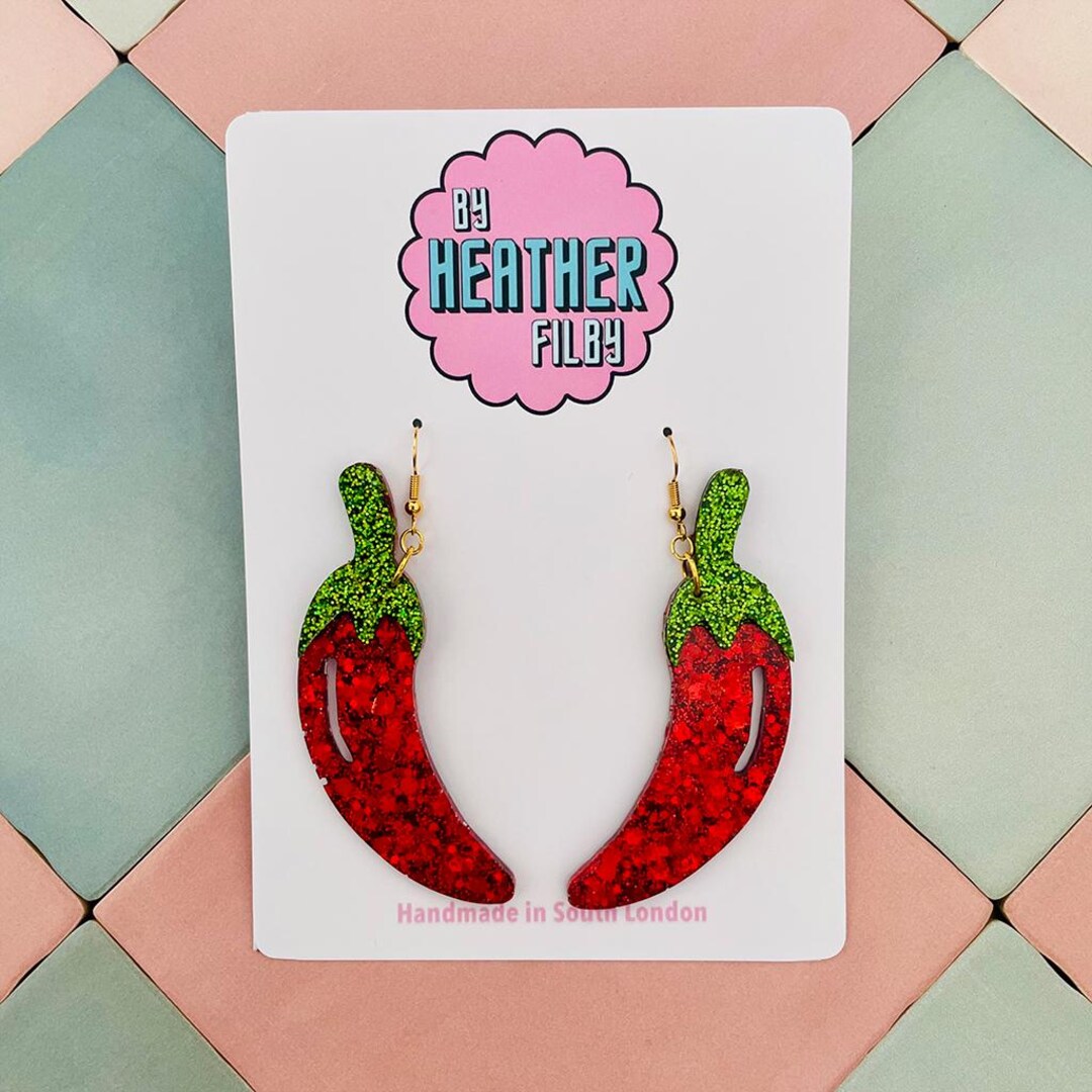 Chilli Peppers Glitter Resin Earrings – Handmade Food Jewellery | Spicy ...
