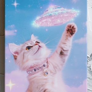 Magical Space Cat Art Print - UFO Cat Aesthetic Art Wall Decor - Pastel ...