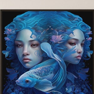 Gorgeous Deep Blue Pisces Goddess Art Print, Fish Art, Pisces Zodiac ...
