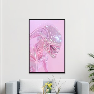 Glittering Pink Alien Art Print, Holographic Sci-fi Decor, Futuristic ...