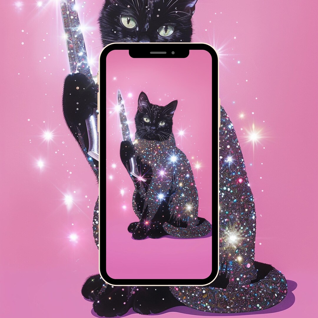 Stabby Cat in Sparkles Phone Wallpaper – Unique Glittery Black Cat With ...