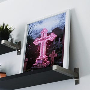 Illuminated Glowing Neon Pink Cross Art Print - Mystical Graveyard ...