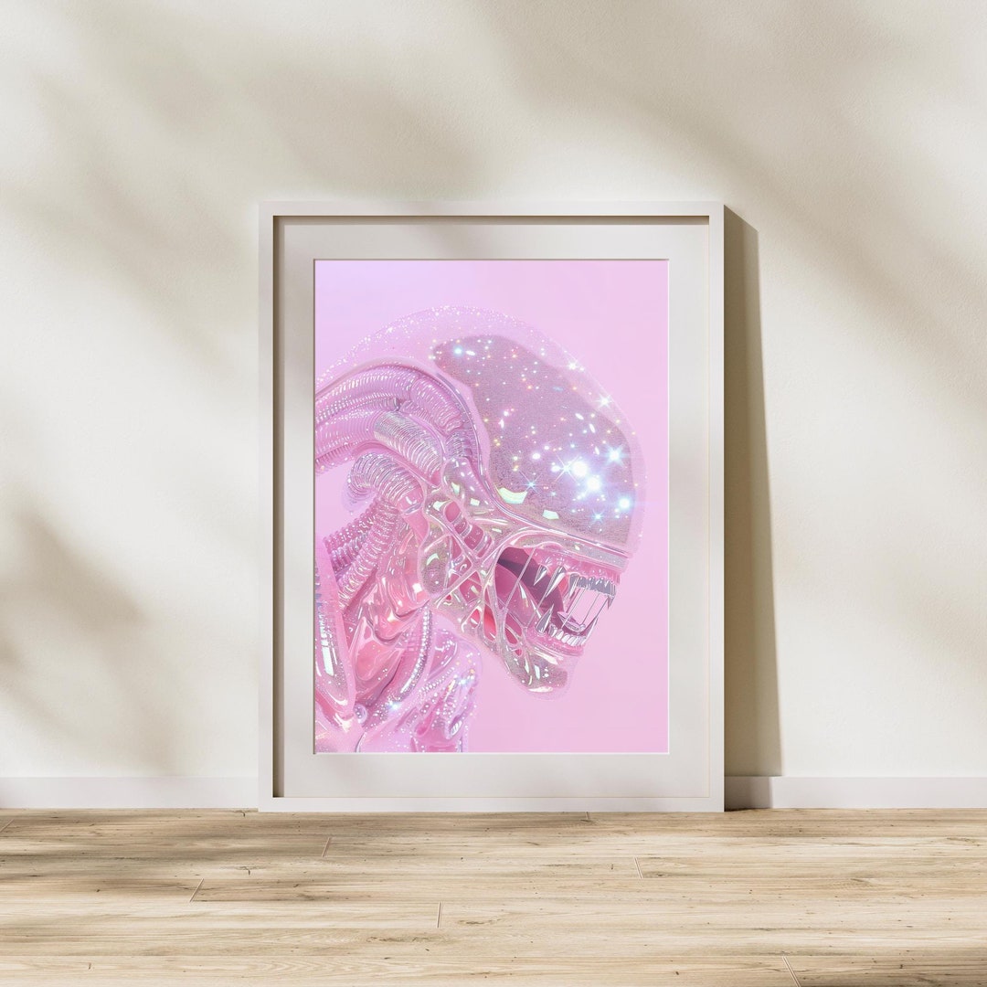 Glittering Pink Alien Art Print, Holographic Sci-fi Decor, Futuristic ...