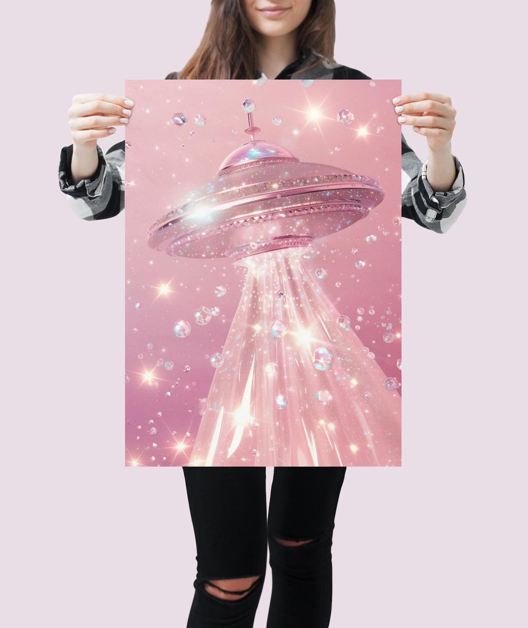 Galactic Glamour: the Diamond UFO Art Print, Pink Aesthetic Artwork ...