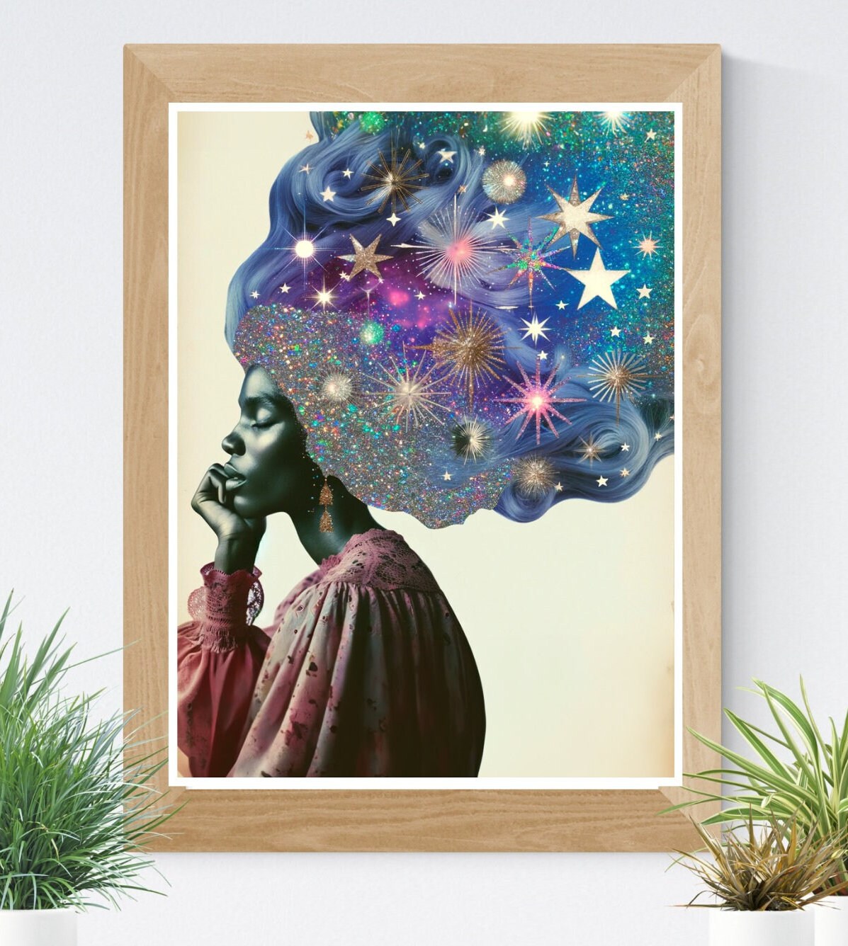 Starry Hair Woman Collage Art Print Unique Cosmic Female Portrait for ...