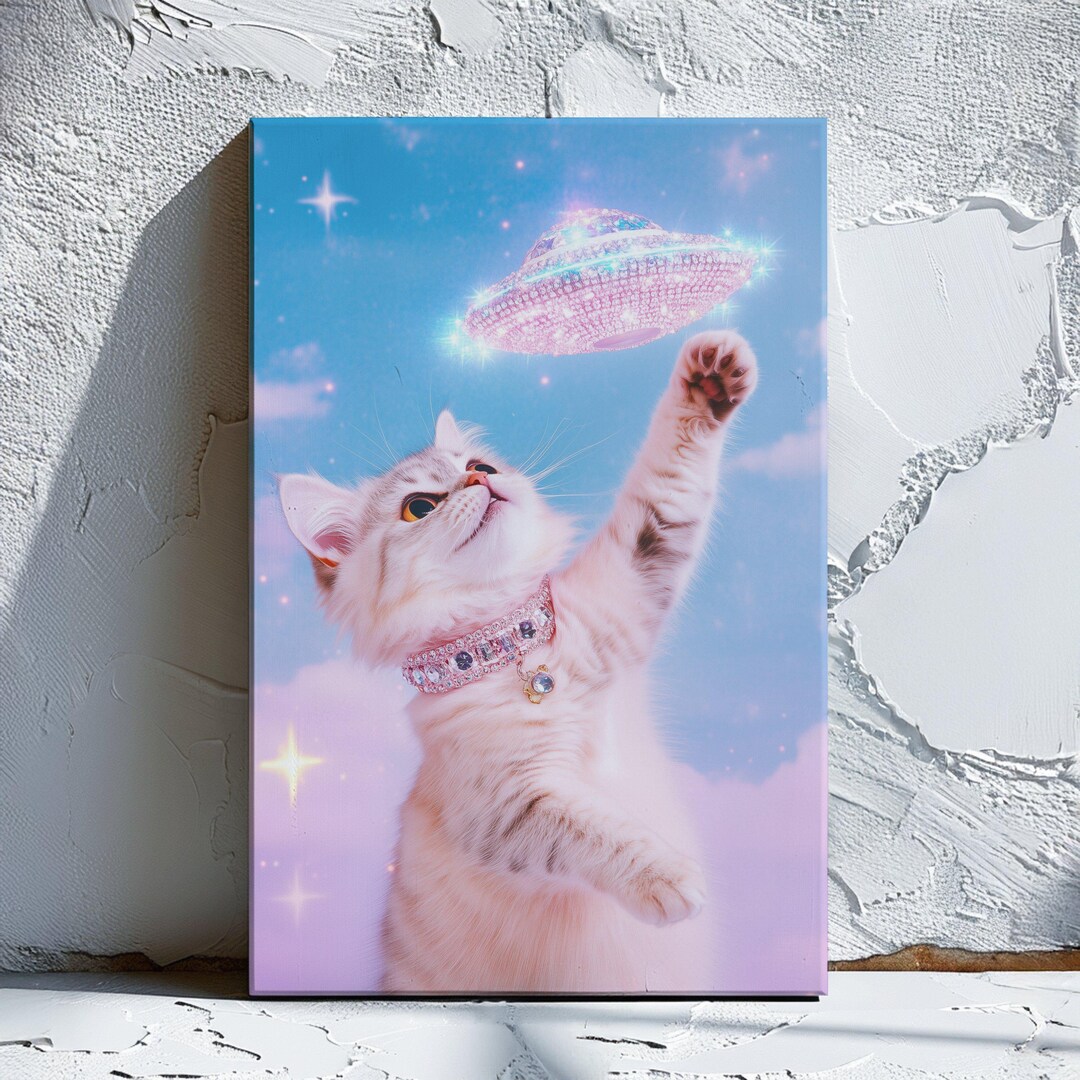 Magical Space Cat Art Print - UFO Cat Aesthetic Art Wall Decor - Pastel ...