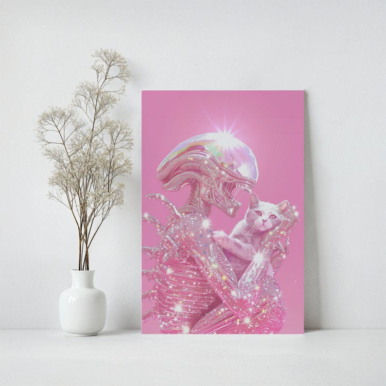 Glittering Pink Alien With Cute Cat Art Print, Holographic Sci-fi Decor ...