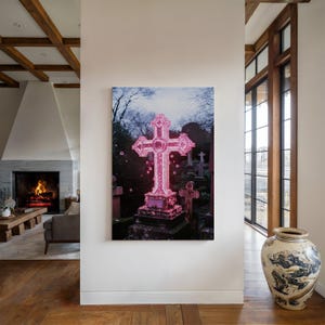 Illuminated Glowing Neon Pink Cross Art Print - Mystical Graveyard ...