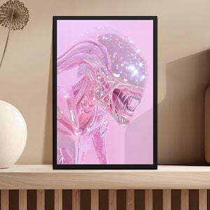 Glittering Pink Alien Art Print, Holographic Sci-fi Decor, Futuristic ...