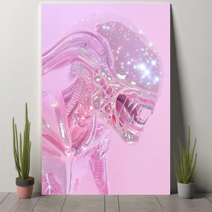 Glittering Pink Alien Art Print, Holographic Sci-fi Decor, Futuristic ...