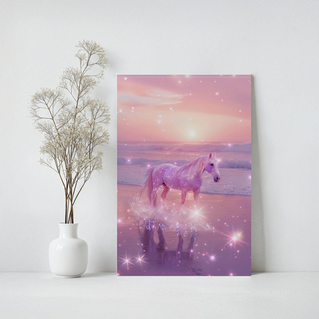 Sparkly Horse Beach Sunset Pink Glitter Wall Art Print, Magical Equine ...