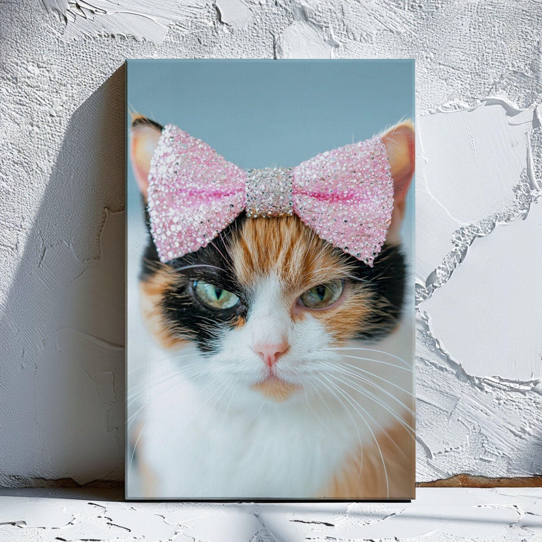 Sassy Calico Cat Art Print | Glam Kitty With Pink Bow | Funny Modern ...