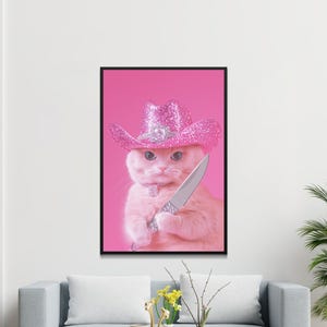 Pink Glitter Cat With Knife Art Print - Quirky Kitty Decor - Stabby ...