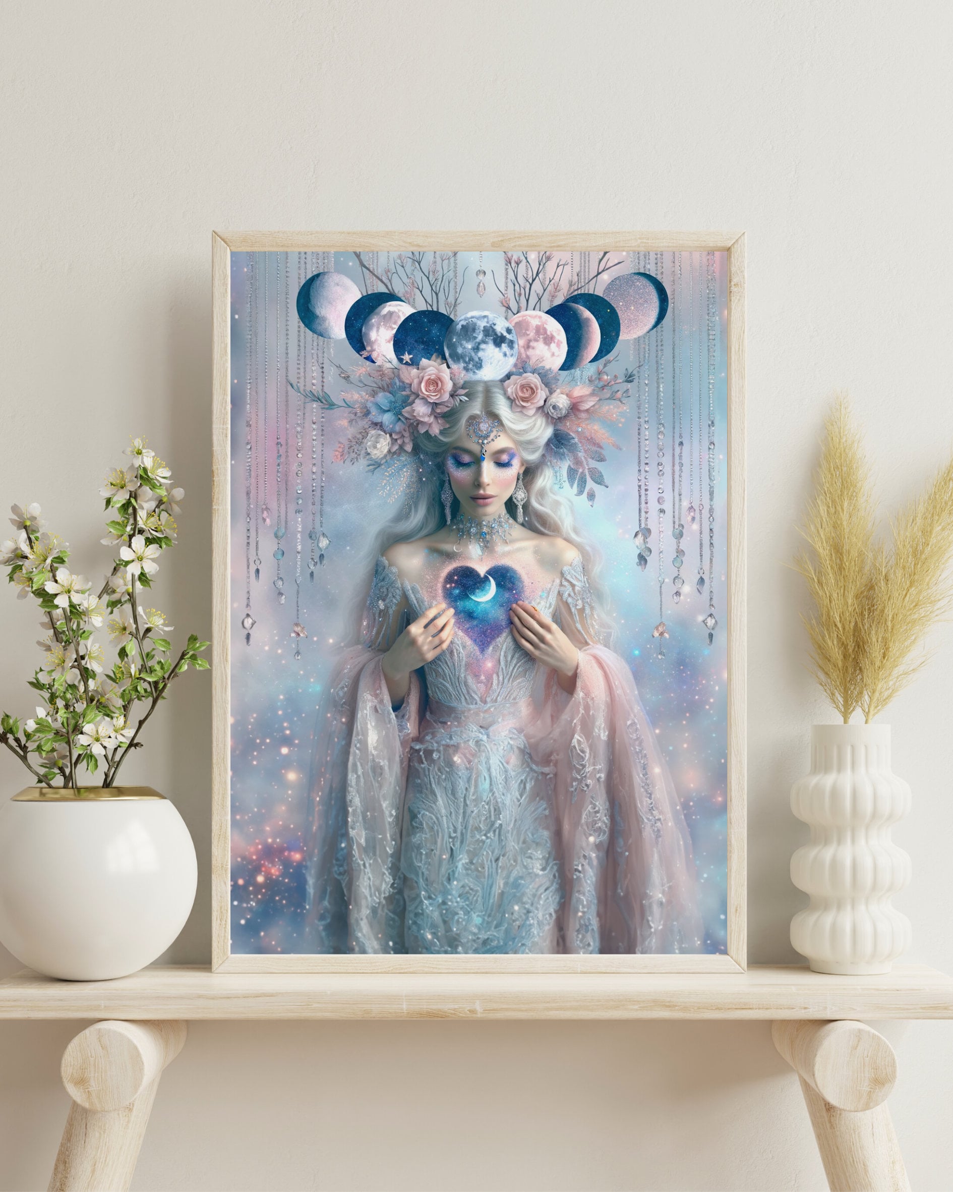 Lunar Goddess Heart Chakra Print Celestial Moon Phases Spiritual ...