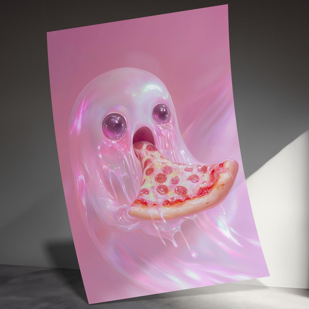 Cute Ghost Eating Pizza Art Print, Pink Aesthetic Wall Art Print Decor ...