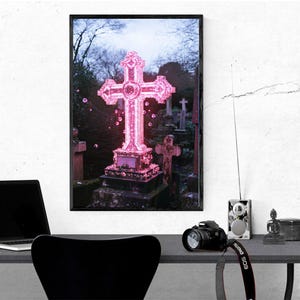 Illuminated Glowing Neon Pink Cross Art Print - Mystical Graveyard ...