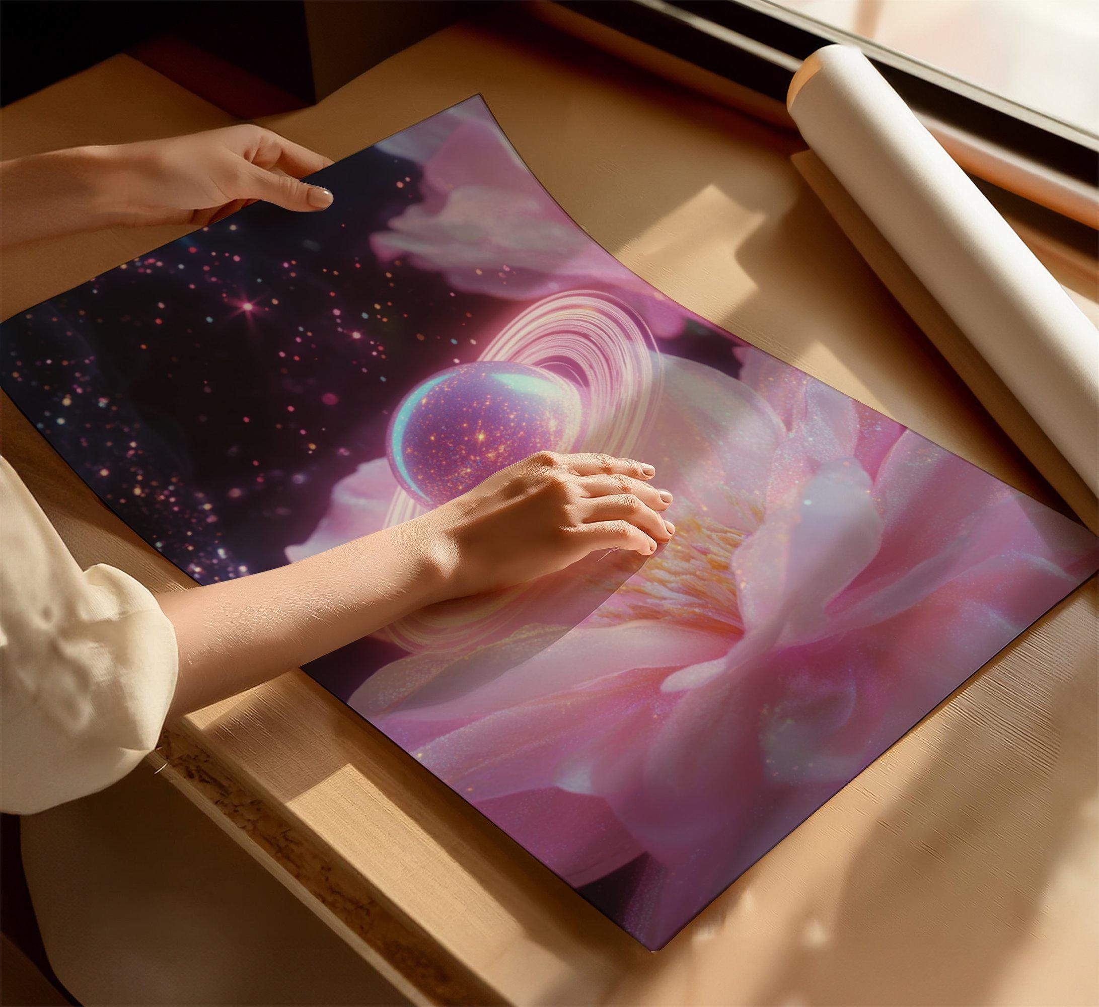 Pink Saturn Flower Art Print, Celestial Aesthetic Wall Decor, Surreal ...