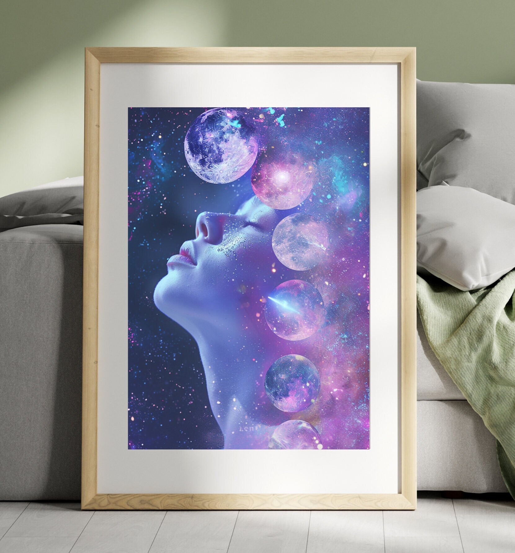 Purple Moon Phases Art Print Mystical Woman Face Illustration Celestial ...