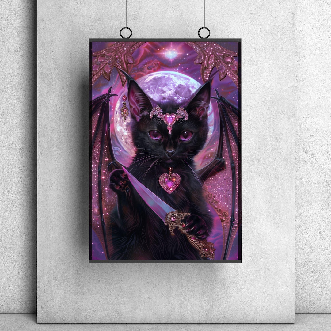 Enchanted Bat Cat Art Print – Mystical Black Cat With Wings and Knife ...