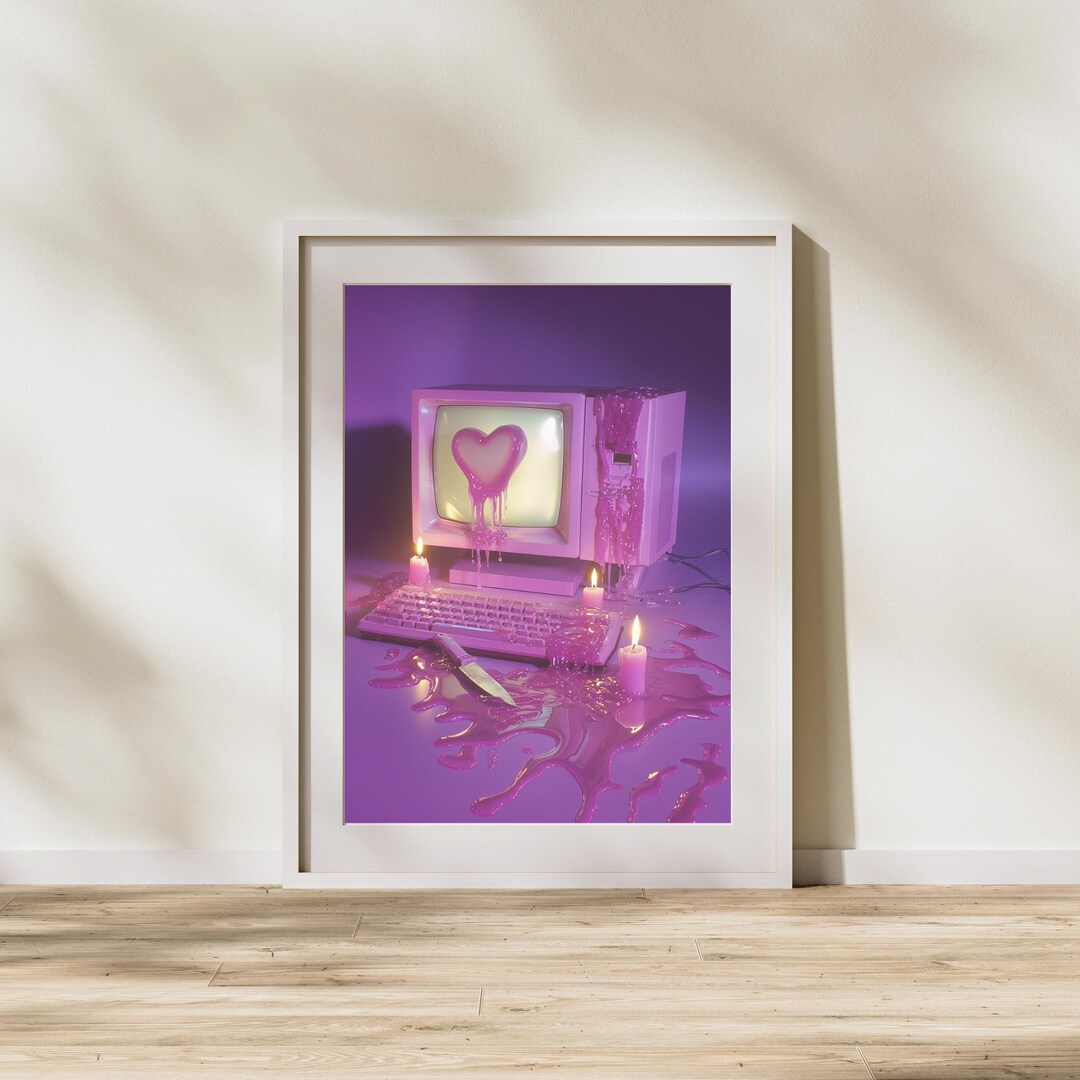 Retro Pink Computer Art Print, Vaporwave Aesthetic With Melting Heart ...