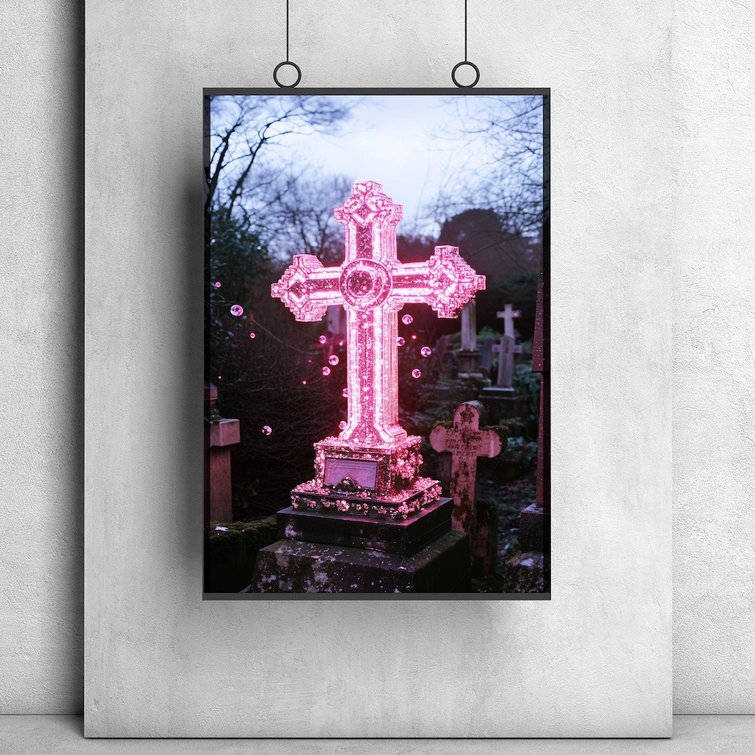 Illuminated Glowing Neon Pink Cross Art Print - Mystical Graveyard ...