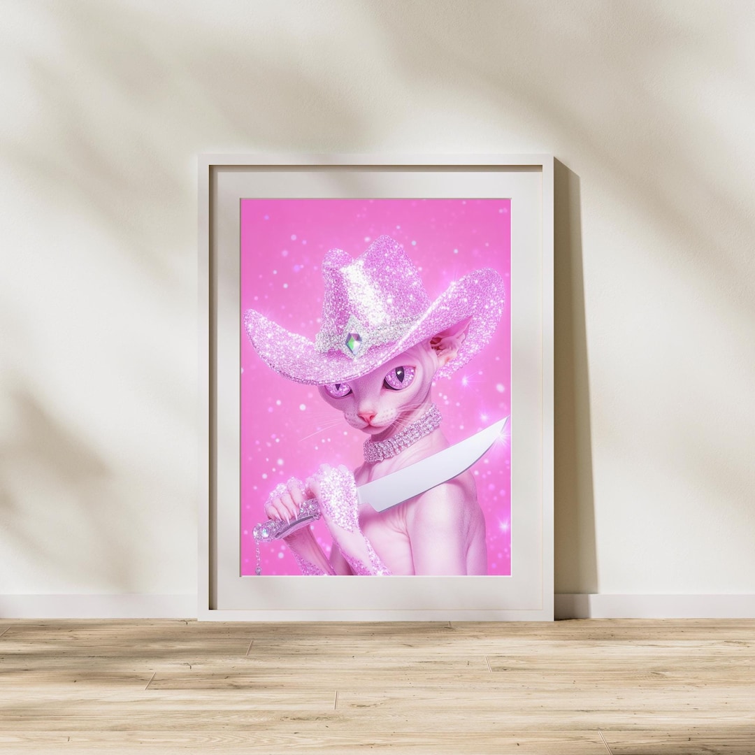 Sparkling Pink Sphinx Cat Art Print - Glamorous Diamond Cowboy Hat ...