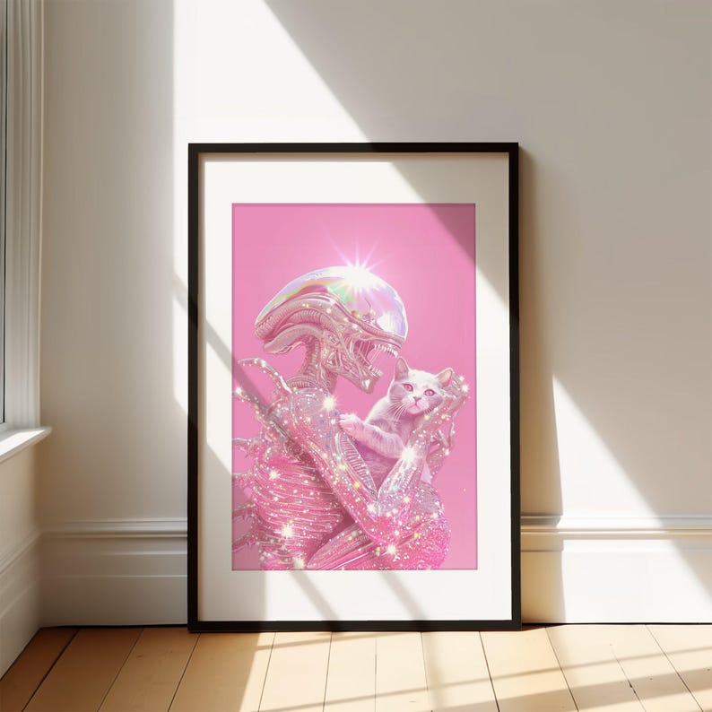 Glittering Pink Alien With Cute Cat Art Print, Holographic Sci-fi Decor ...