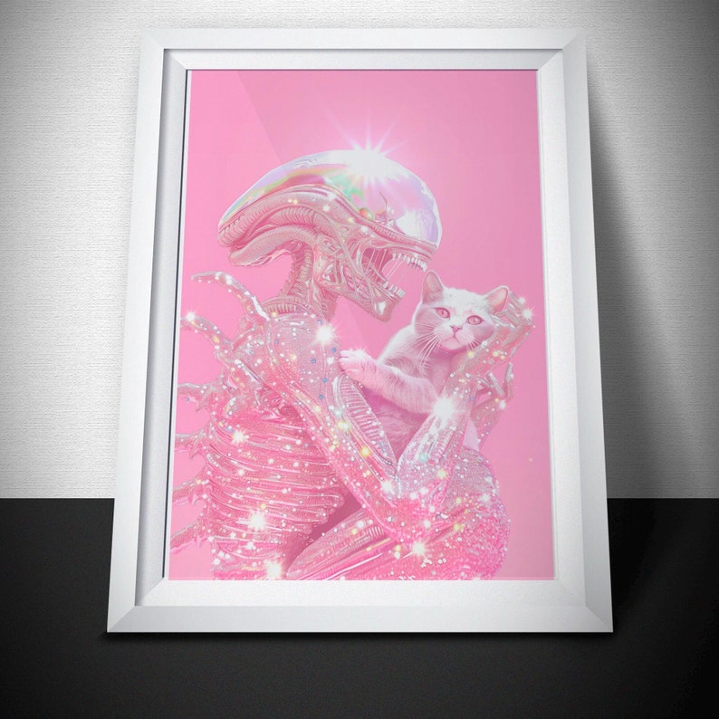 Glittering Pink Alien With Cute Cat Art Print, Holographic Sci-fi Decor ...