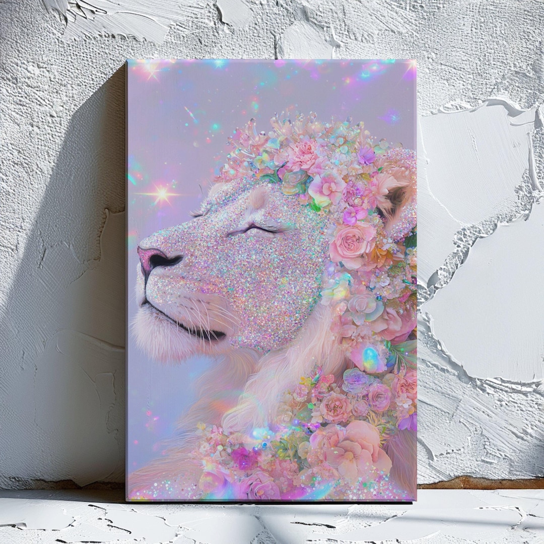 Glitter Lion Wall Art Print, Pink Floral Lion Art, Magical Animal ...