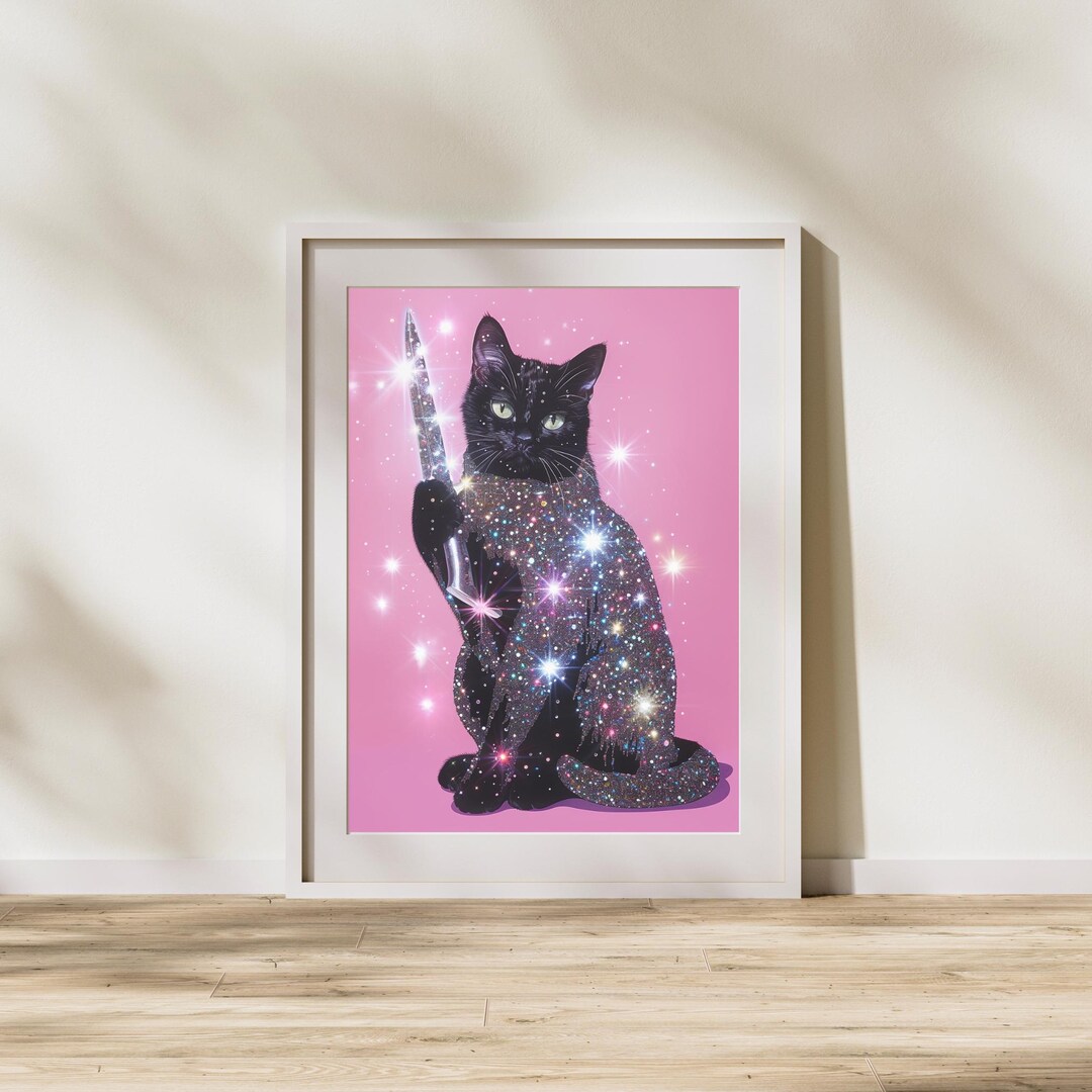Stabby Cat in Sparkles Art Print Unique Glittery Black Cat With Knife ...