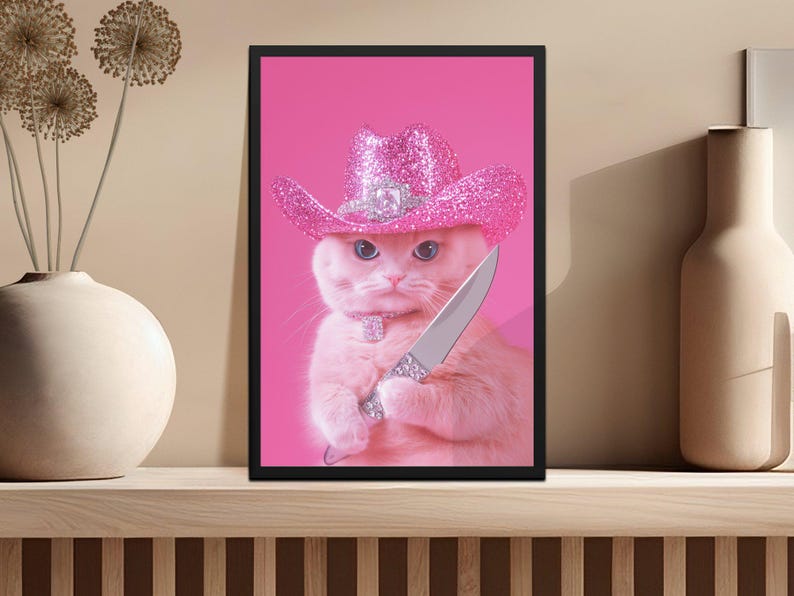 Pink Glitter Cat With Knife Art Print - Quirky Kitty Decor - Stabby ...