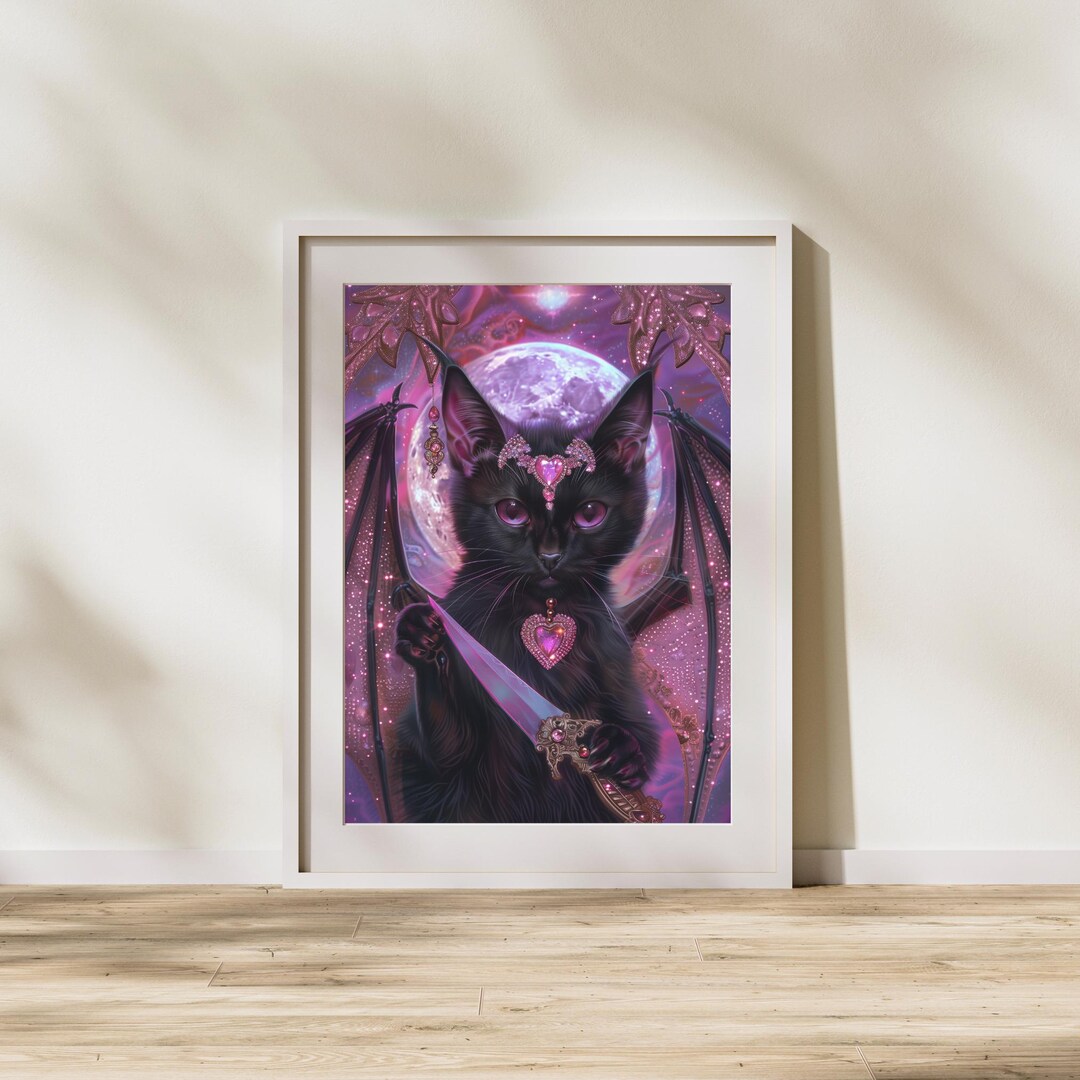 DIGITAL DOWNLOAD Enchanted Bat Cat Art Print Mystical Black Cat With ...