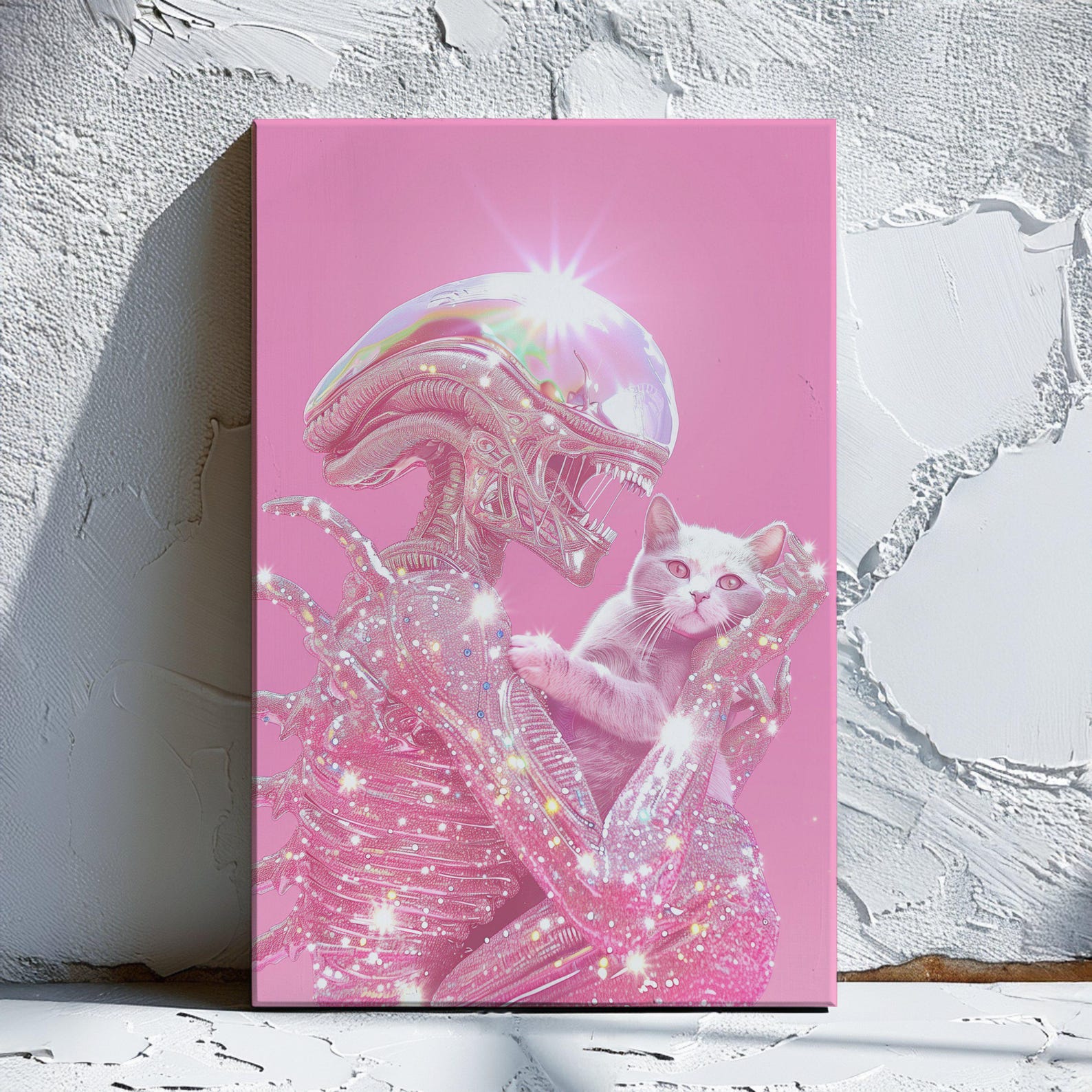 Glittering Pink Alien With Cute Cat Art Print, Holographic Sci-fi Decor ...