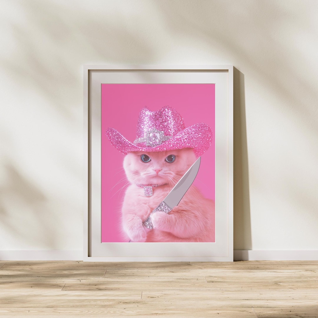 Pink Glitter Cat With Knife Art Print Quirky Kitty Decor Stabby Kitty ...