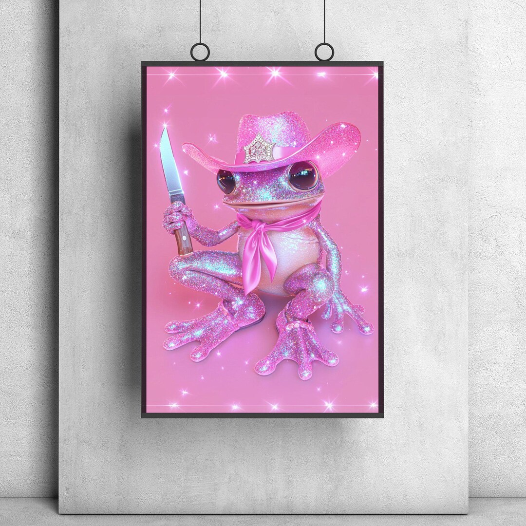 Sparkly Pink Cowboy Frog Art Print – Quirky Glitter Frog With Knife ...