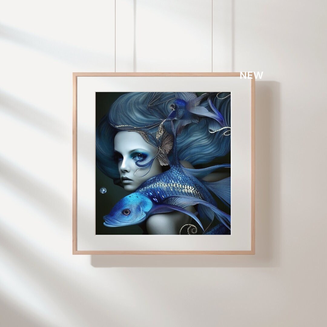 Gorgeous Deep Blue Pisces Goddess Art Print, Fish Art, Pisces Zodiac ...