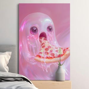 Cute Ghost Eating Pizza Art Print, Pink Aesthetic Wall Art Print Decor ...