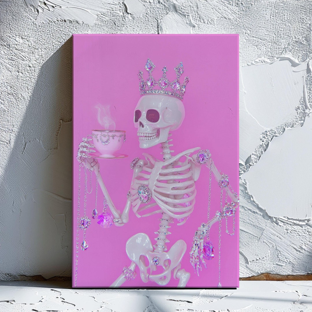 Pink Skeleton Queen Tea Party Art Print, Crystal Crown Gothic Wall ...