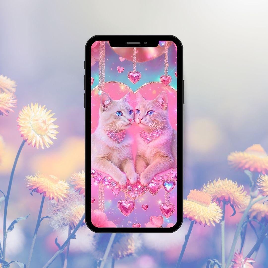 Y2K Cat Lovers Wallpaper, Pink Glitter Hearts Phone Background ...