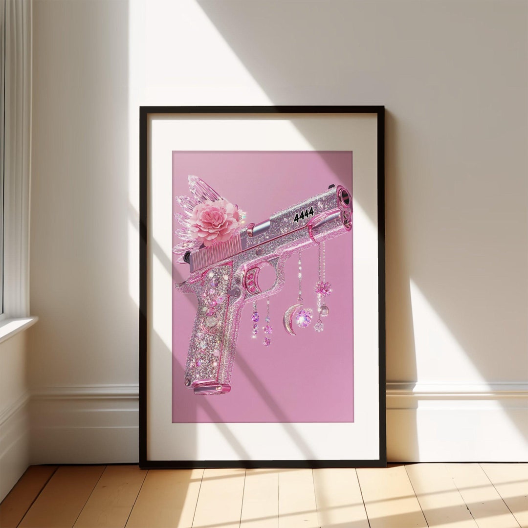 Pink Crystal Gun Art Print, Glitter Weapon Wall Decor, Girly Gun Decor ...