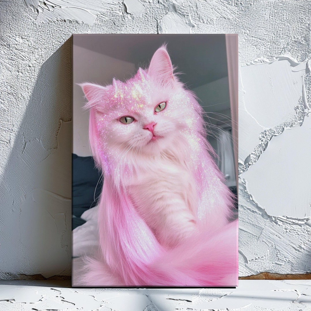 Pink Glitter Cat Art Print - Sparkle Glam Kitten Wall Decor - Funny ...