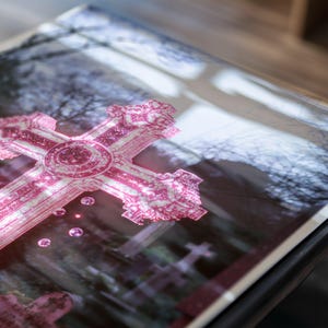Illuminated Glowing Neon Pink Cross Art Print - Mystical Graveyard ...
